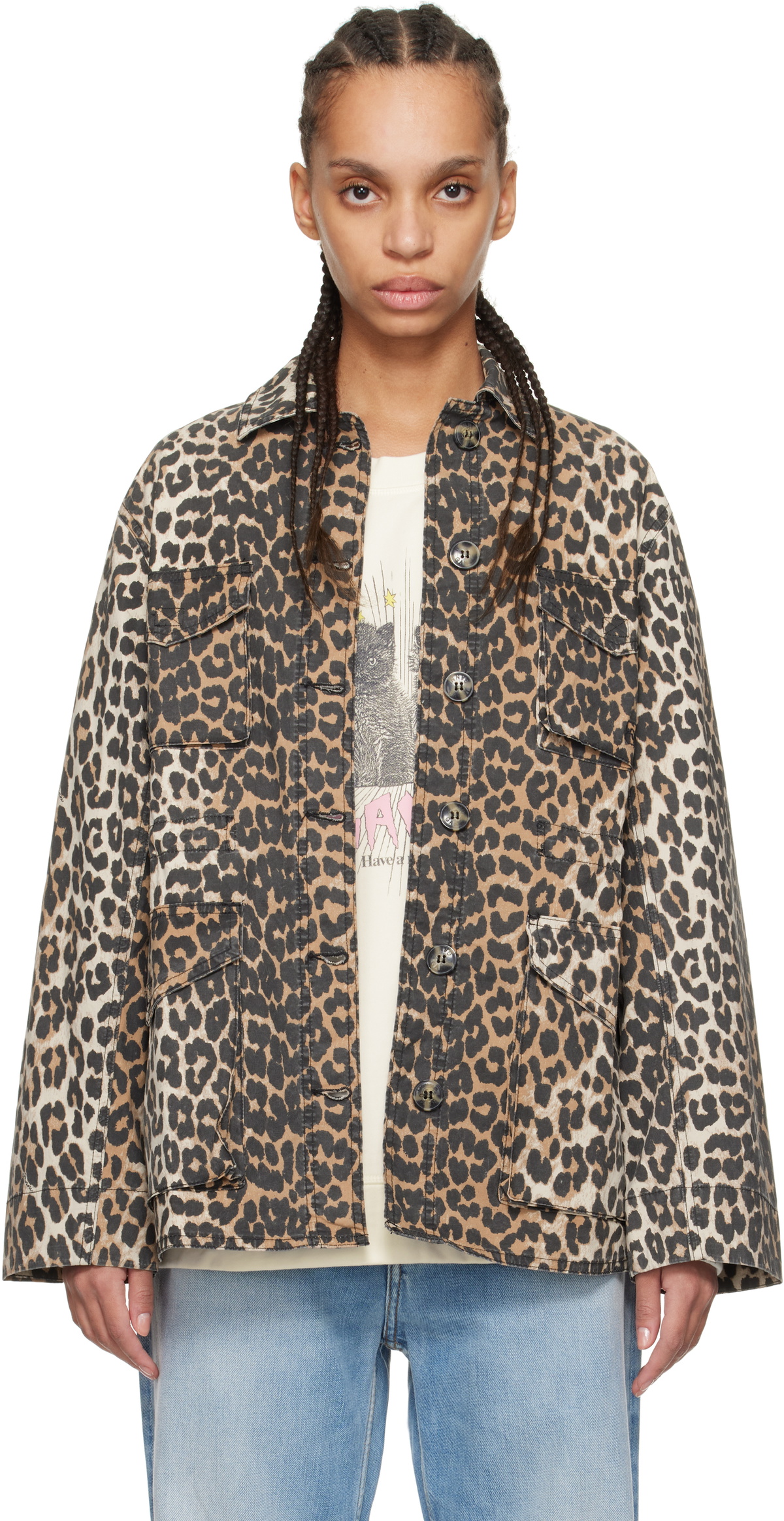 GANNI Brown Leopard Cotton Canvas Jacket GANNI
