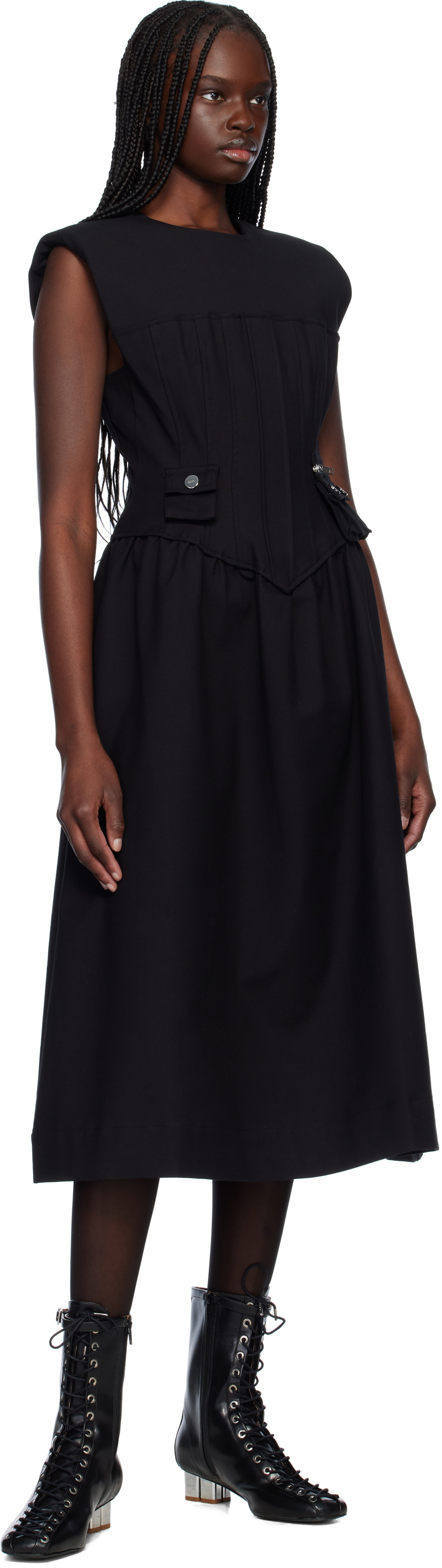 GANNI Black Heavy Cotton Corset Midi Dress GANNI