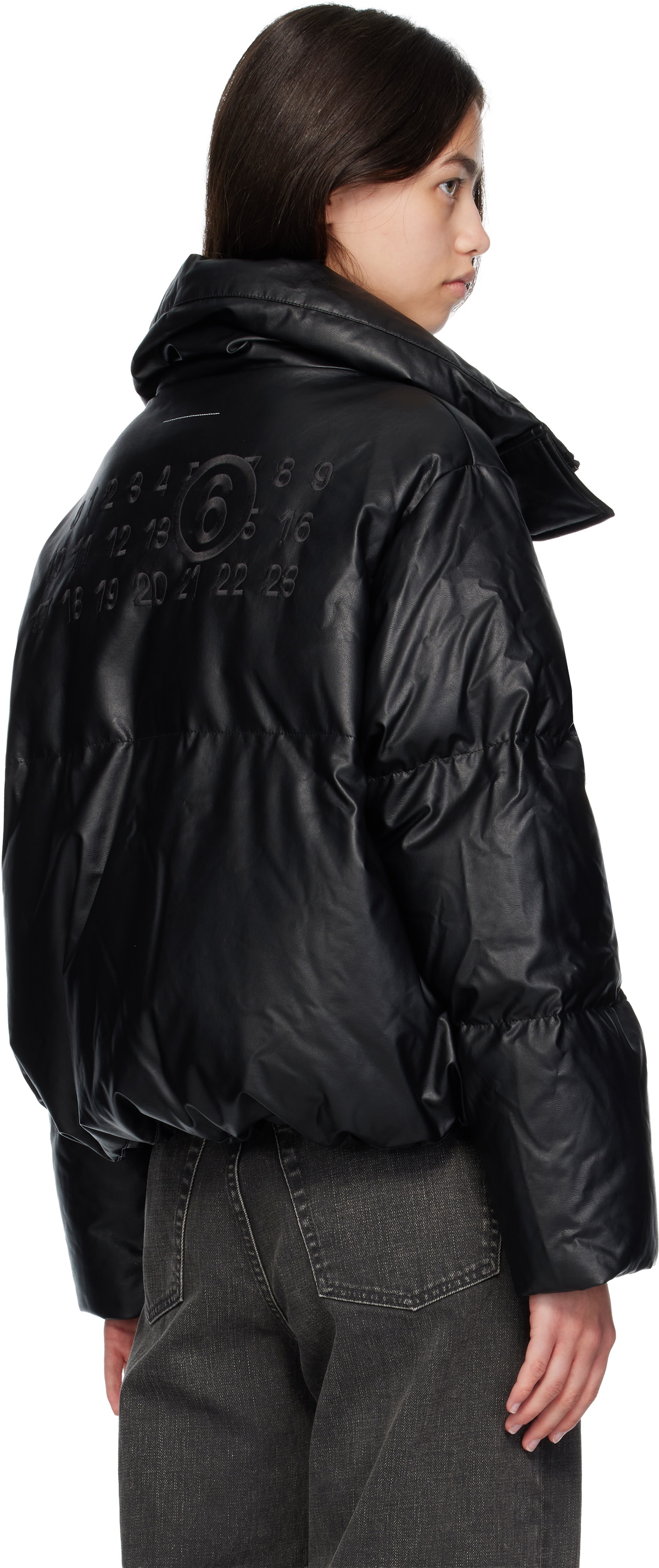 MM6 Maison Margiela Black Zip Faux-Leather Down Jacket MM6 Maison Margiela