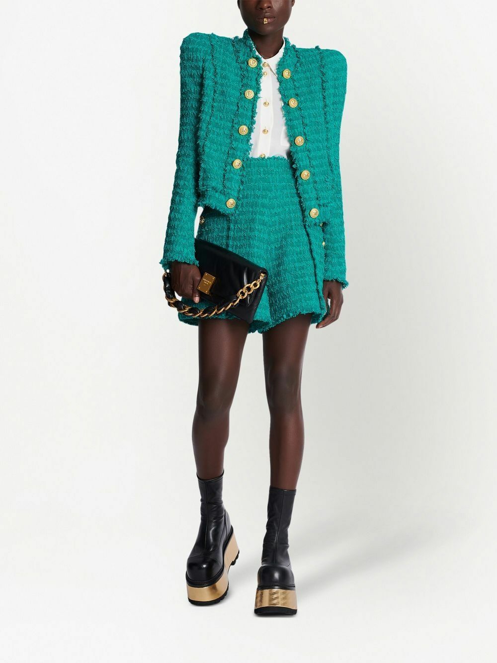 BALMAIN - Button-embossed Collarless Tweed Jacket Balmain