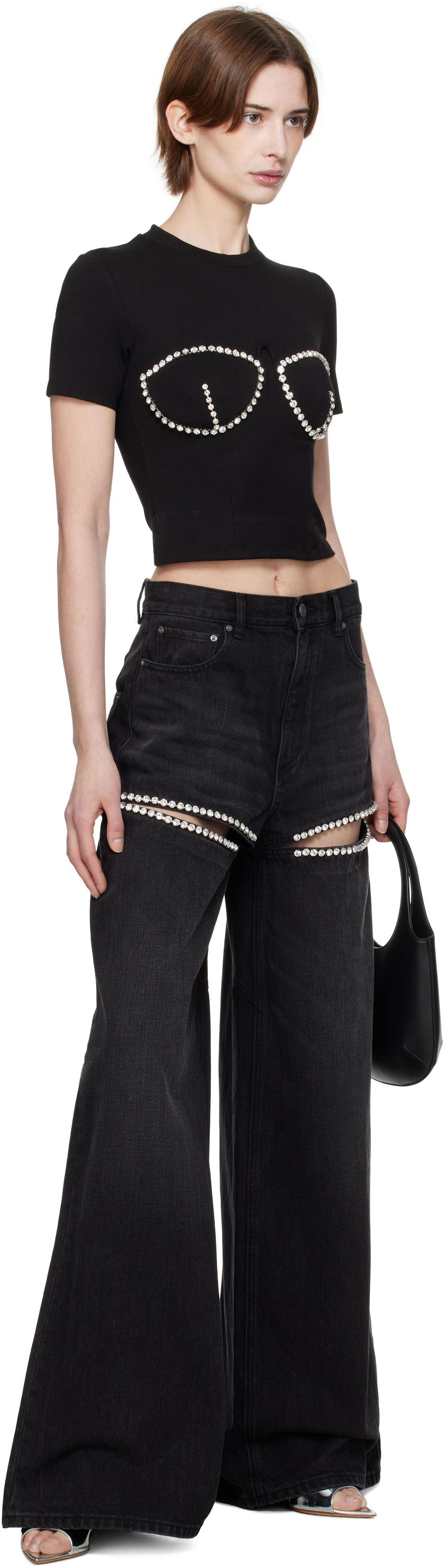 AREA Black Wide Leg Crystal Slit Jeans AREA