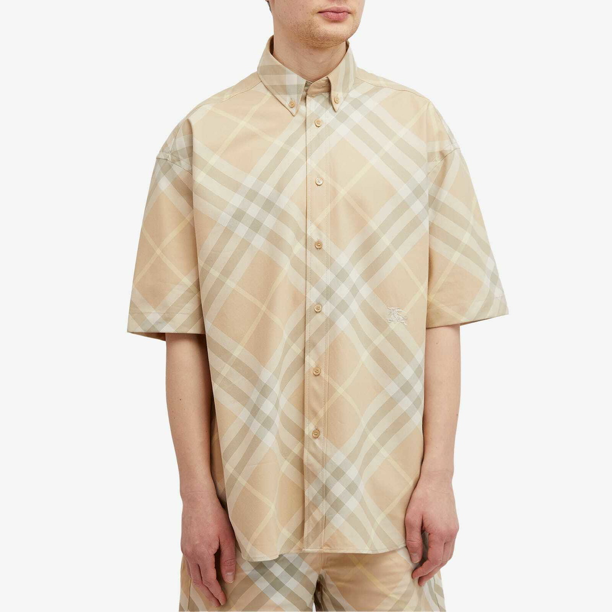 Burberry Men's EKD Logo Short Sleeve Check Shirt in Flax Check Burberry