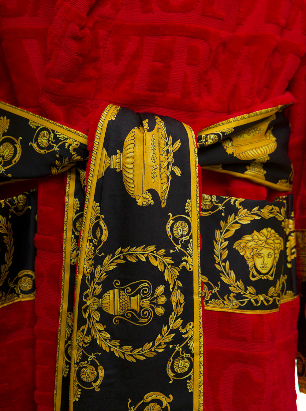 Versace Homes Red Terry Cotton Bathrobe With Baroque Detail Versace