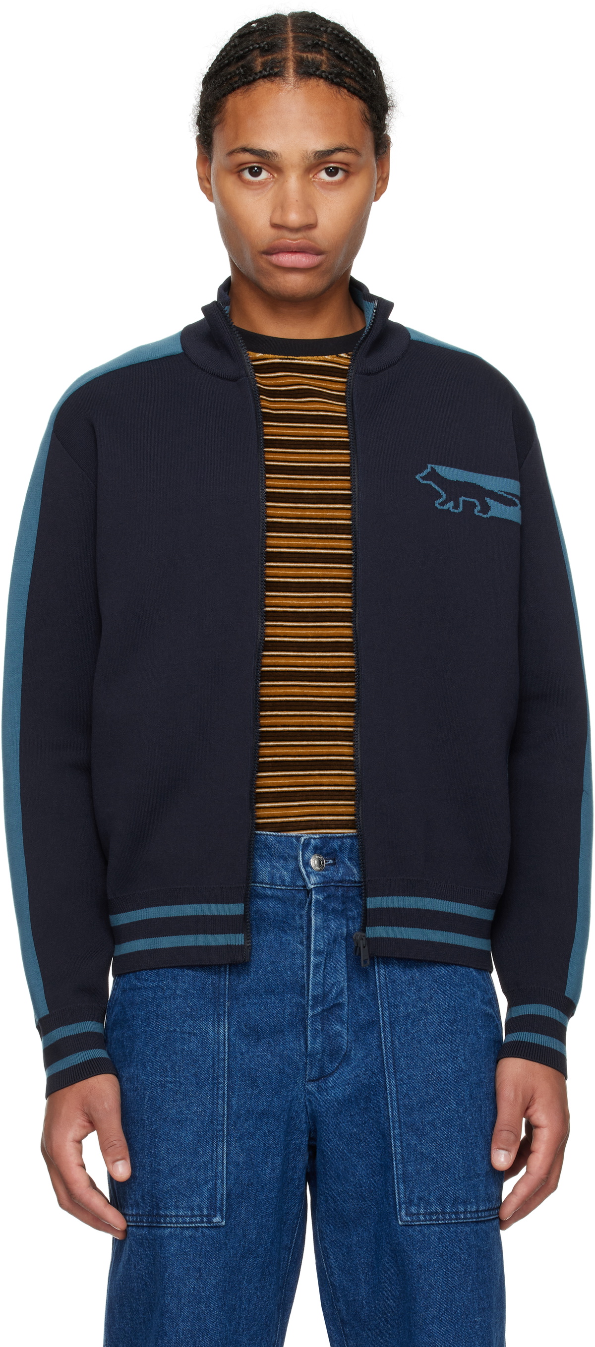 Maison Kitsuné Navy Flash Fox Zipped Jacket Maison Kitsune
