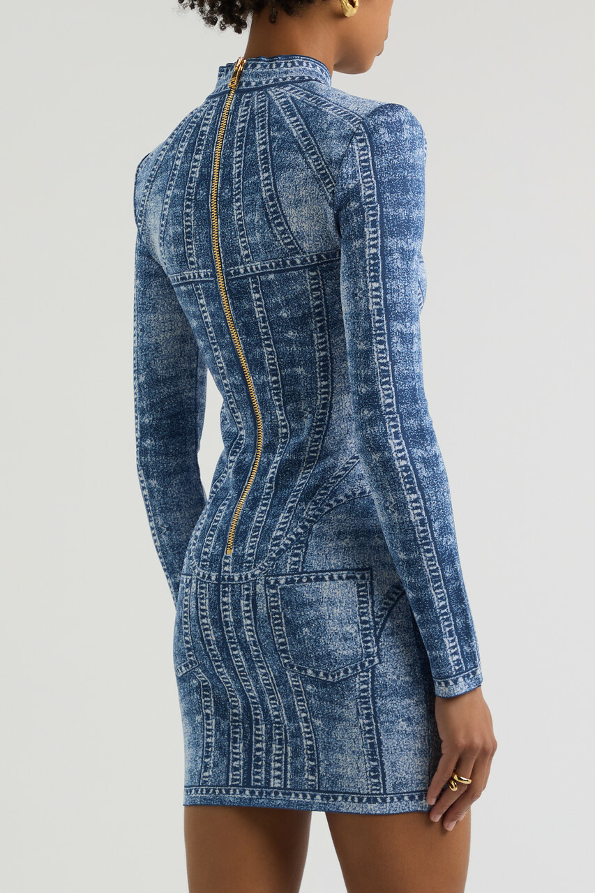 Balmain Denim-intarsia Knitted Mini Dress Balmain