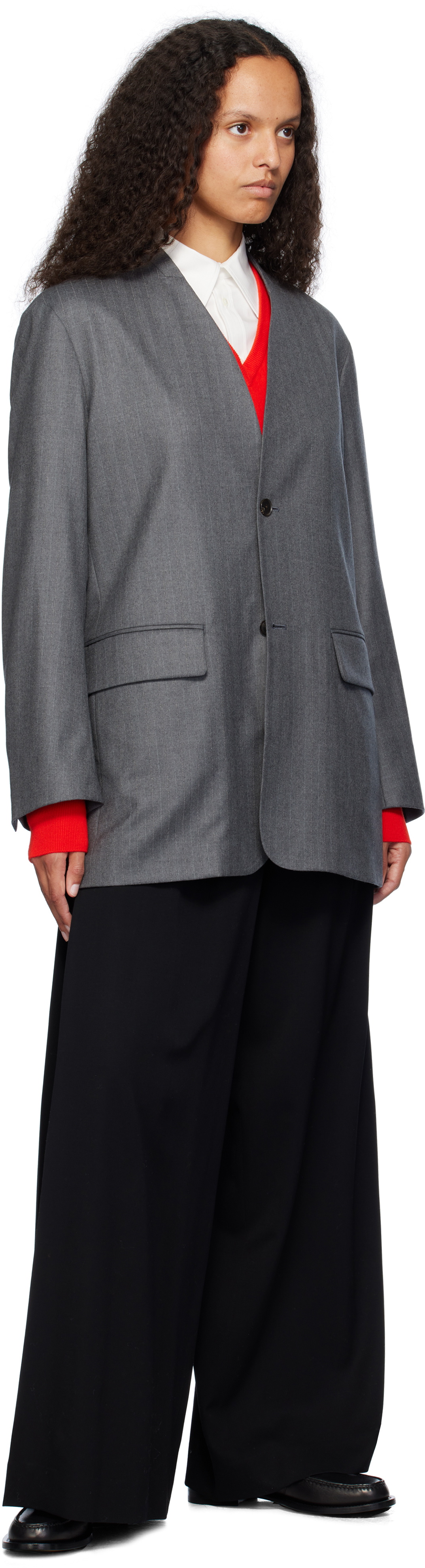 AURALEE Gray Wool Fulling Flannel Stripe Blazer Auralee
