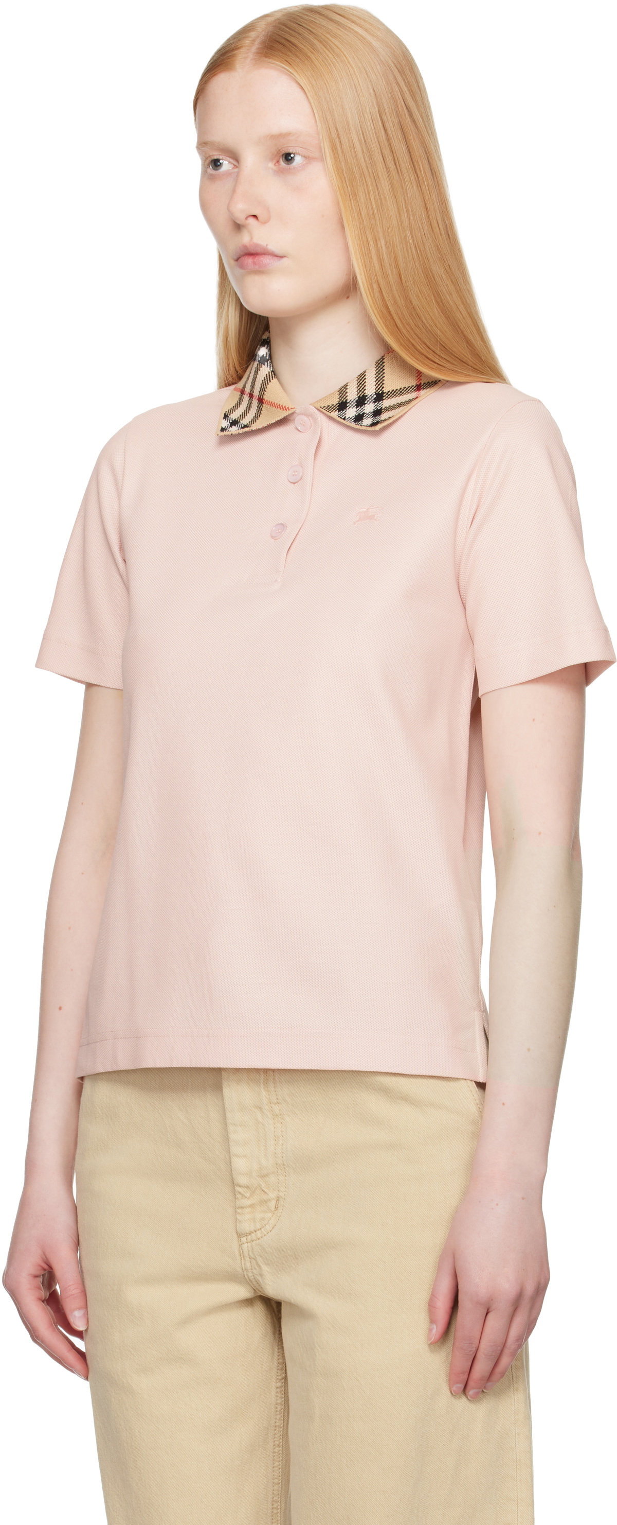Burberry Pink Check Collar Cotton Polo Burberry