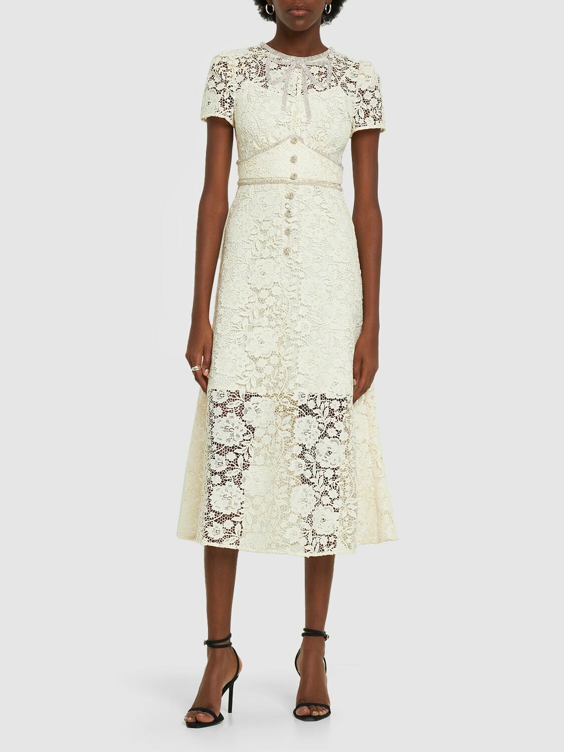 SELF-PORTRAIT - Embellished Lace Midi Dress W/bow Self-Portrait