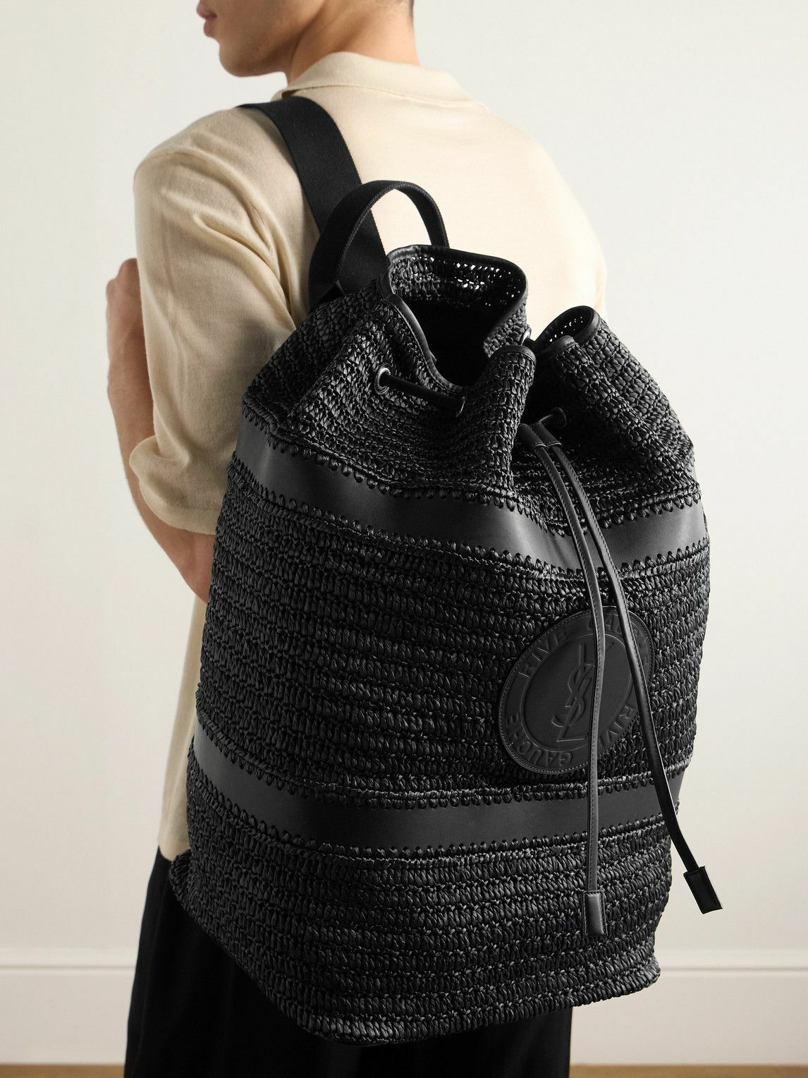 SAINT LAURENT - Rive Gauche Logo-Debossed Leather-Trimmed Raffia ...