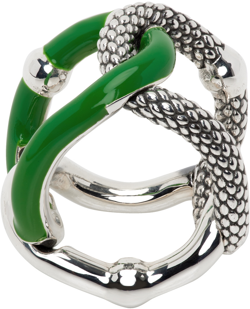 Bottega Veneta Silver & Green Intreccio Chain Ring Bottega Veneta