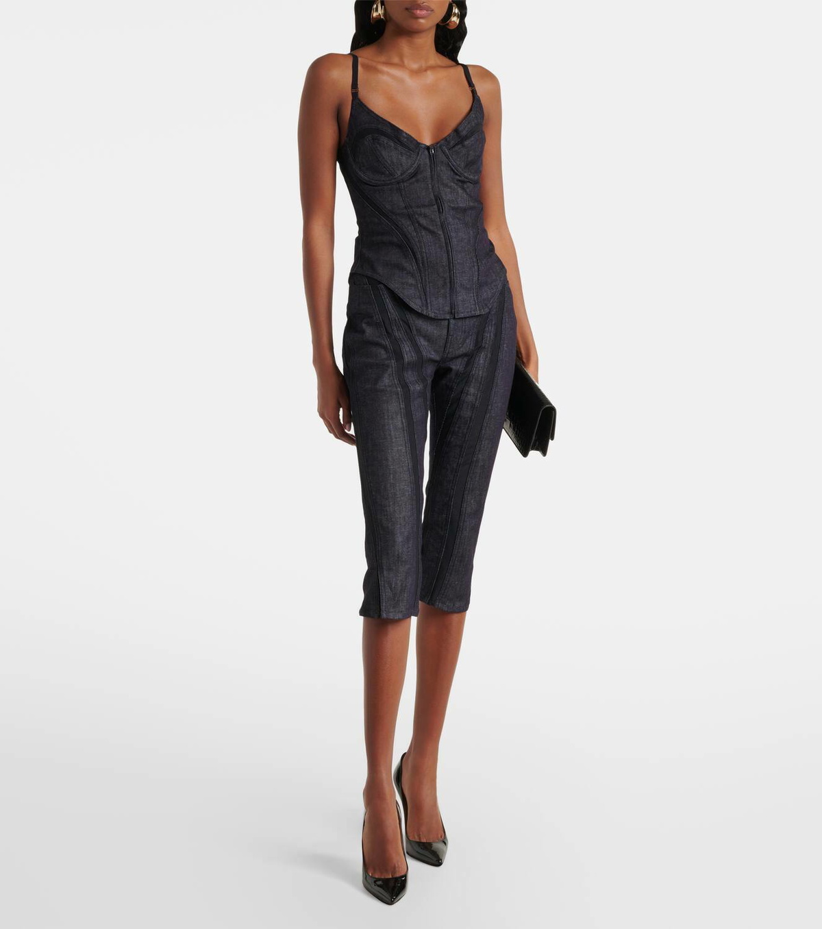 Mugler Mesh-trimmed denim capri pants Mugler