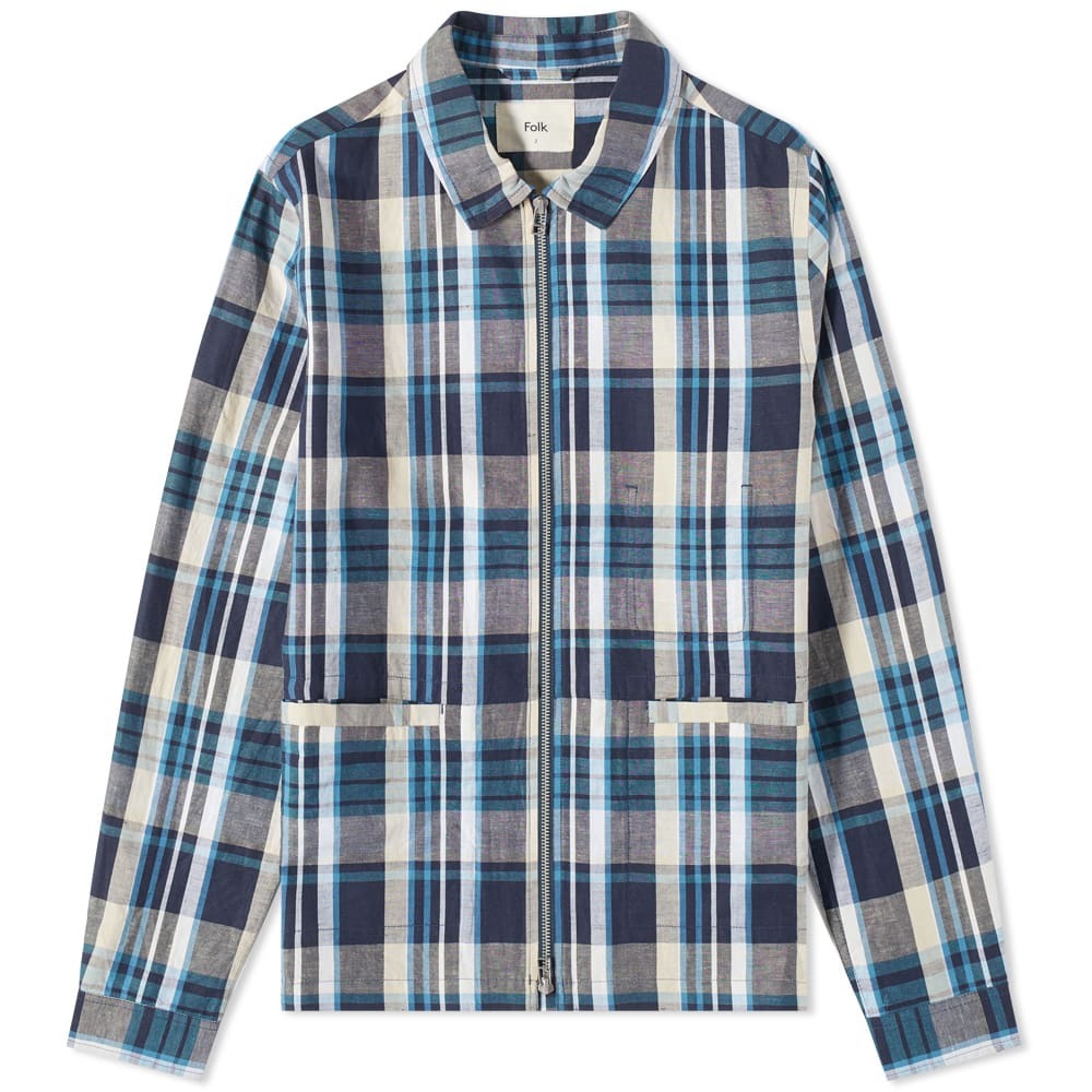 Folk Men's Signal Zip Shirt Jacket in Yellow Cyan Check Folk