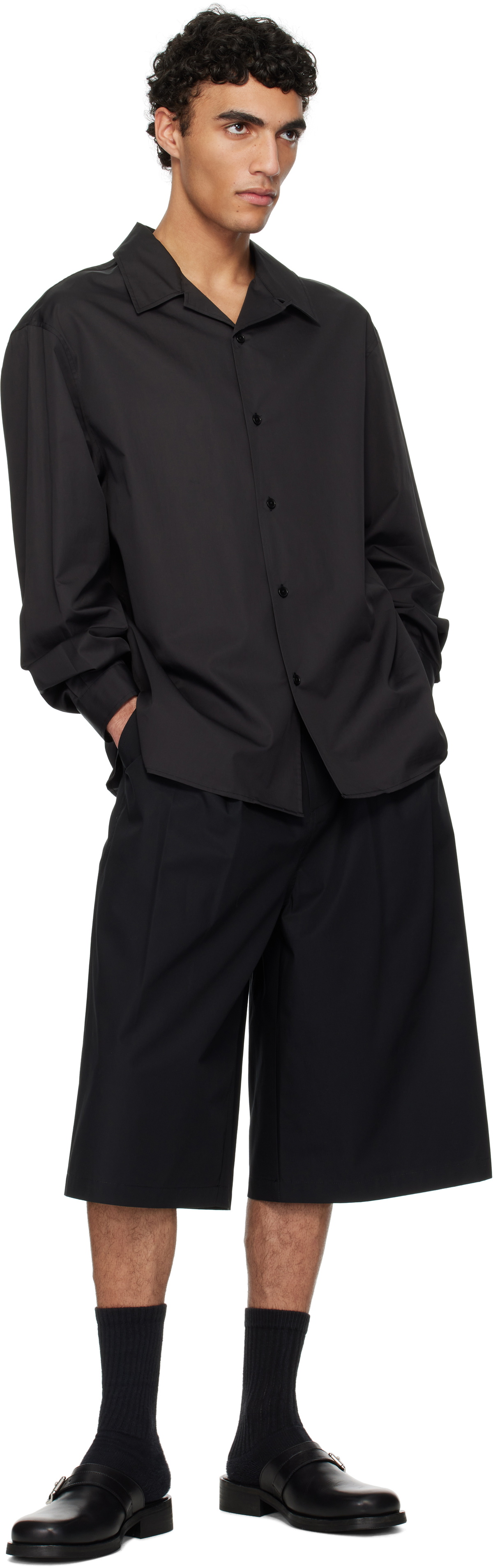AMOMENTO Black Open Collar Shirt AMOMENTO