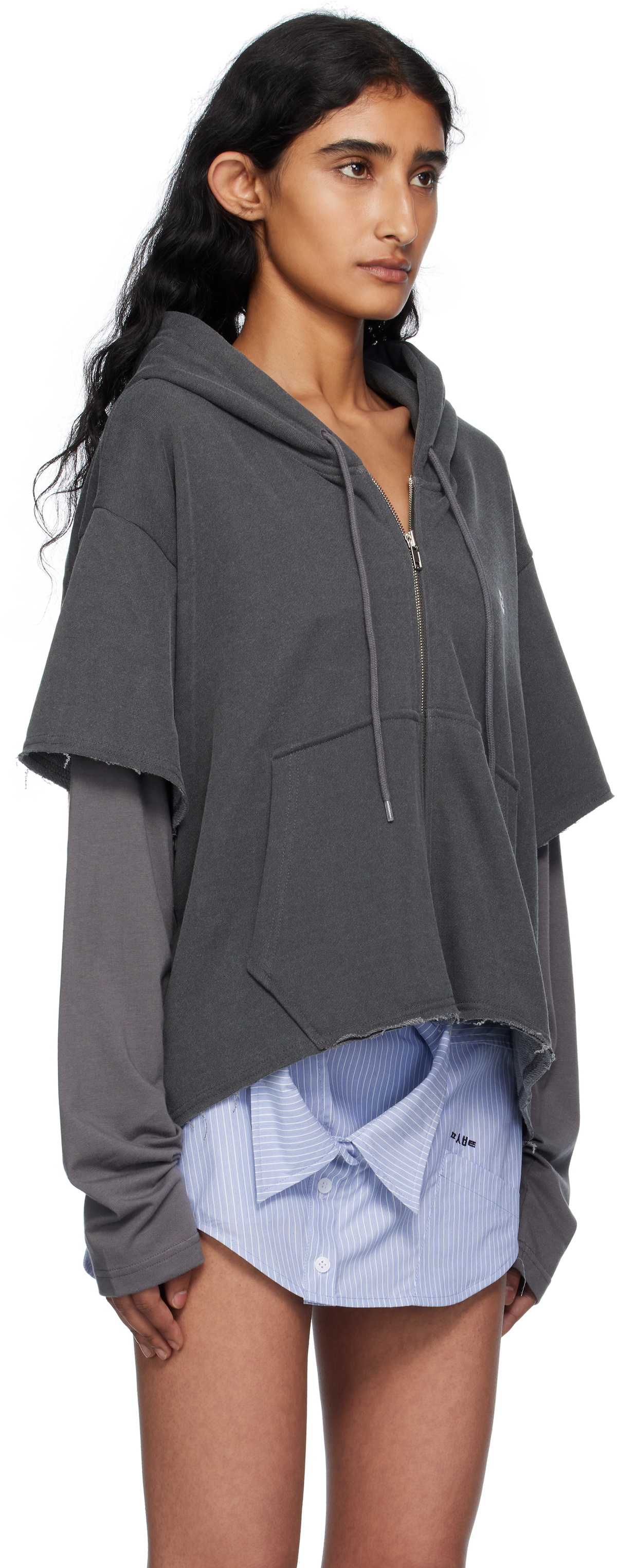 Pushbutton Gray Raw Edge Zip-Up Hoodie Pushbutton