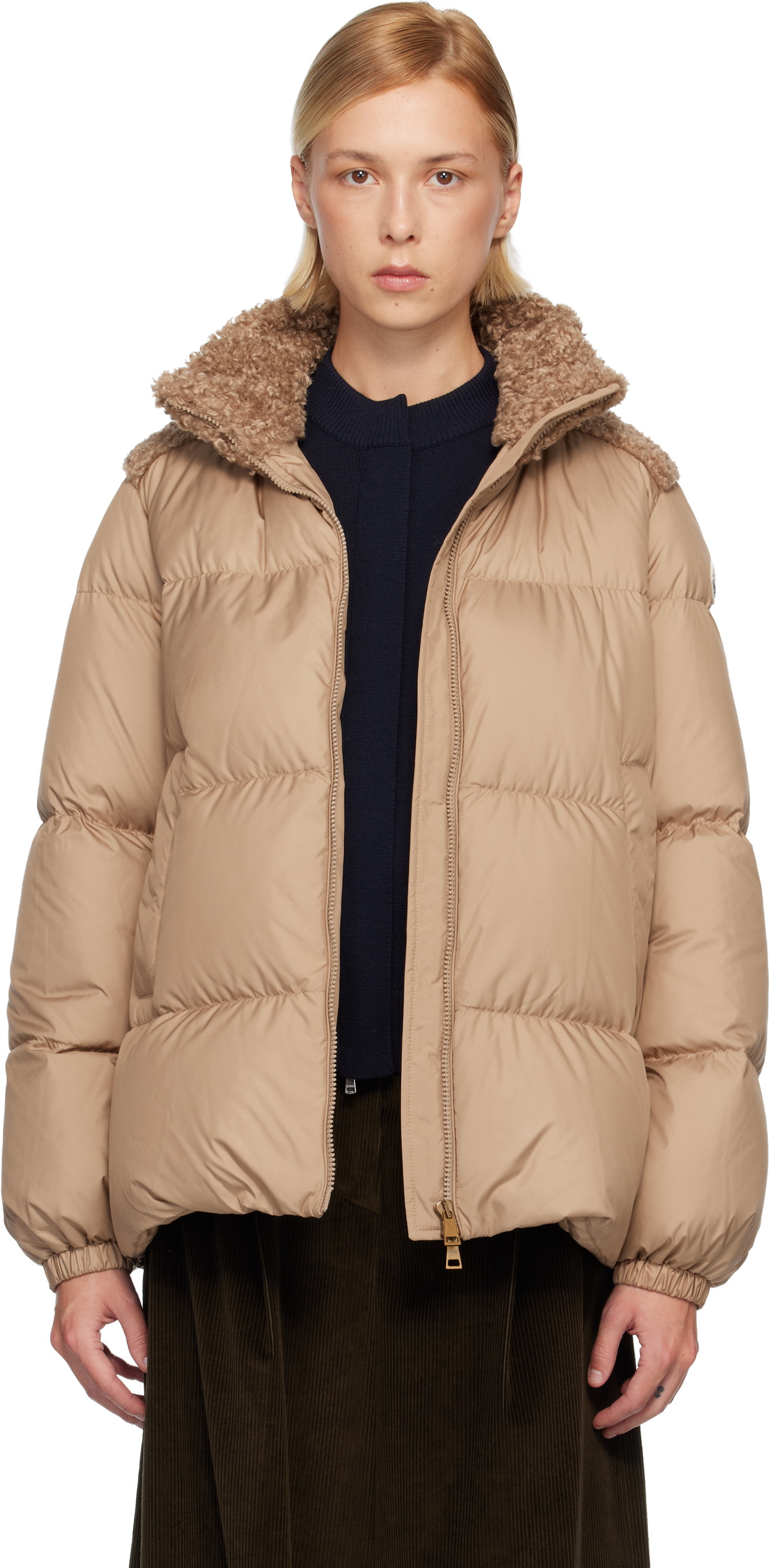Moncler Beige Esnaie Teddy-Trimmed Short Down Jacket Moncler