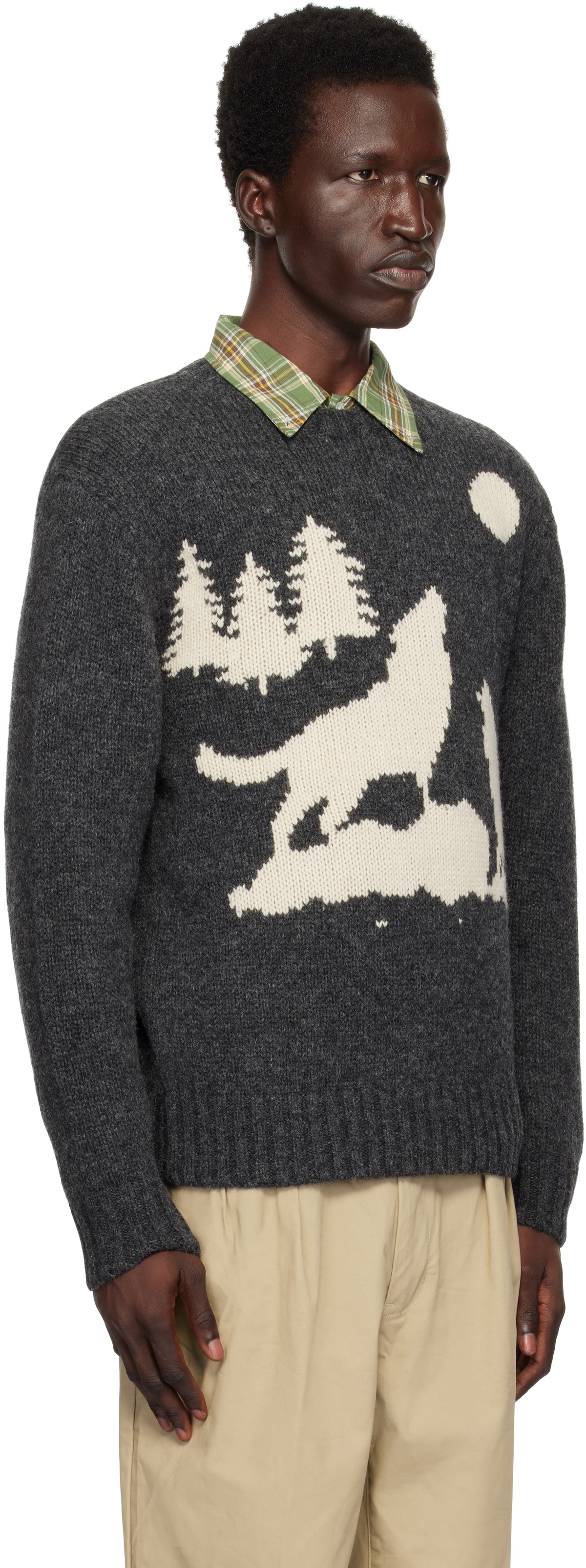 BEAMS PLUS Gray Crew Intarsia 3G Sweater Beams Plus