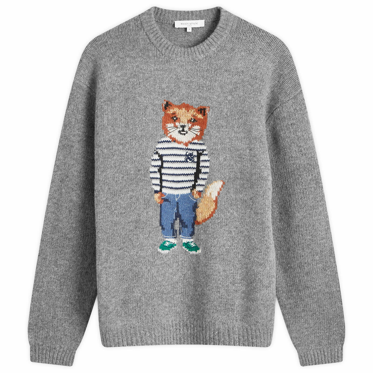 Maison Kitsuné Men's Dressed Fox Intarsia Jumper in Medium Grey Melange ...