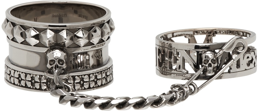 Alexander McQueen Silver Chained Double Rings Alexander McQueen