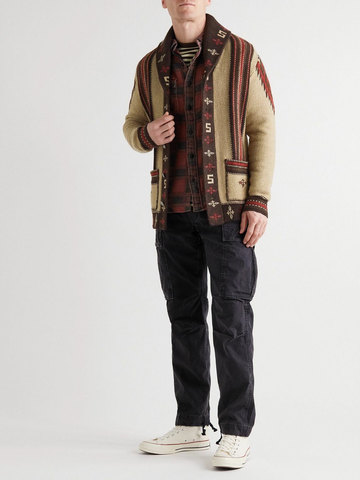 RRL - Belted Shawl-Collar Jacquard-Knit Linen, Cotton and Silk-Blend Cardigan - Brown RRL