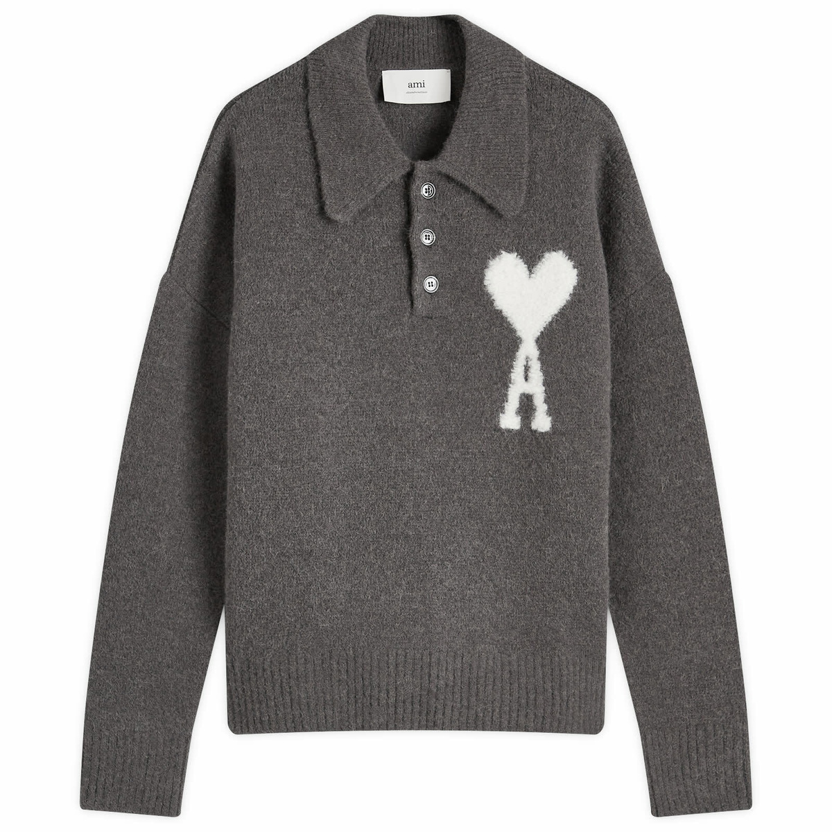 AMI Paris Men's A Heart Knitted Polo in Dark Grey AMI