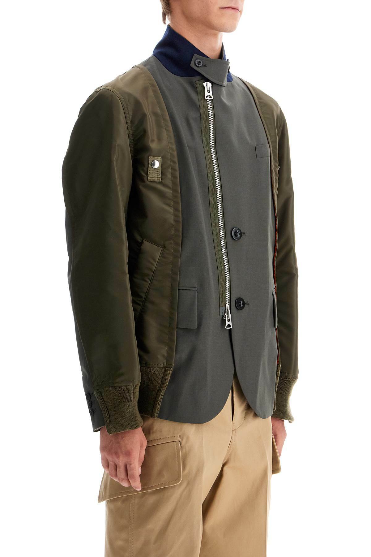 SACAI hybrid nylon and wool blend jacket. Khaki Sacai