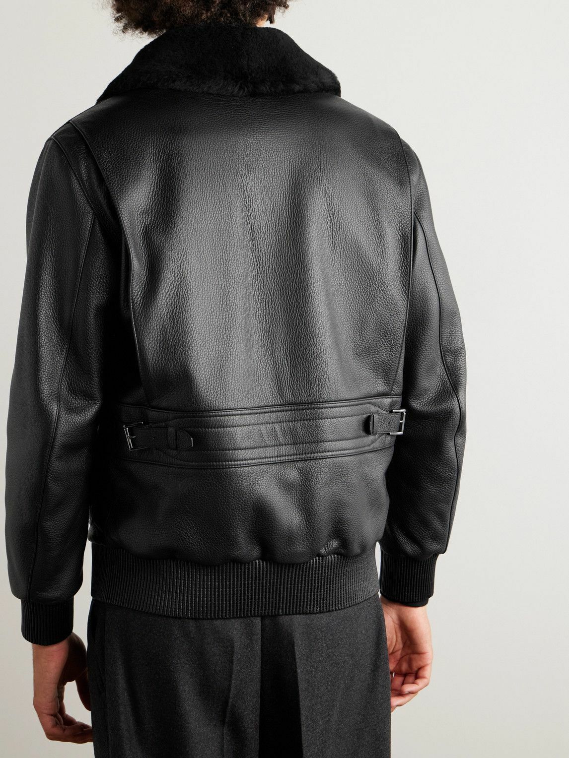 Brioni - Shearling-Trimmed Full-Grain Leather Aviator Jacket - Black Brioni