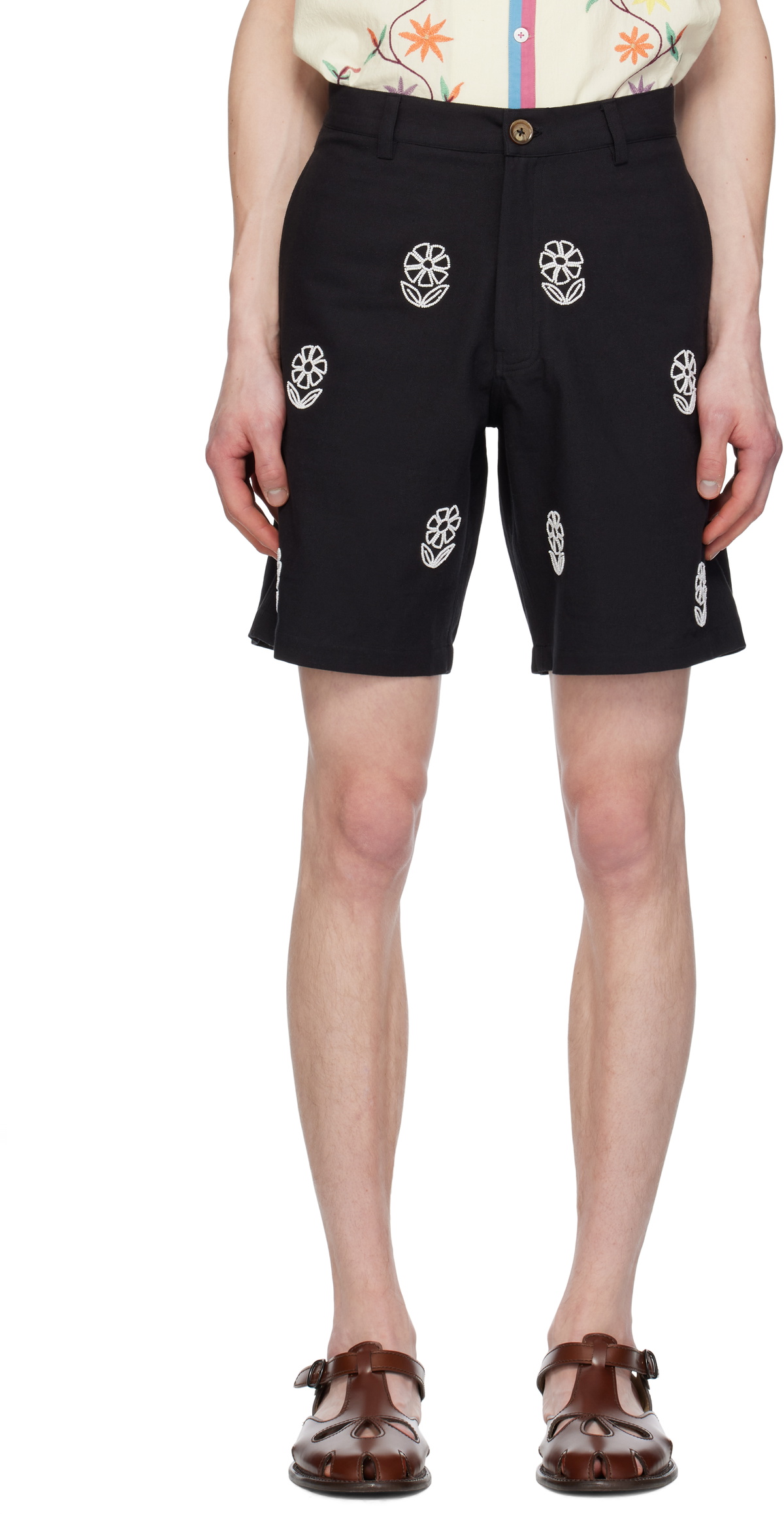 HARAGO Black Beadwork Embroidered Long Shorts HARAGO