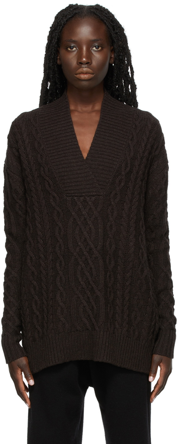 CO Brown Cable Knit V-Neck Sweater CO