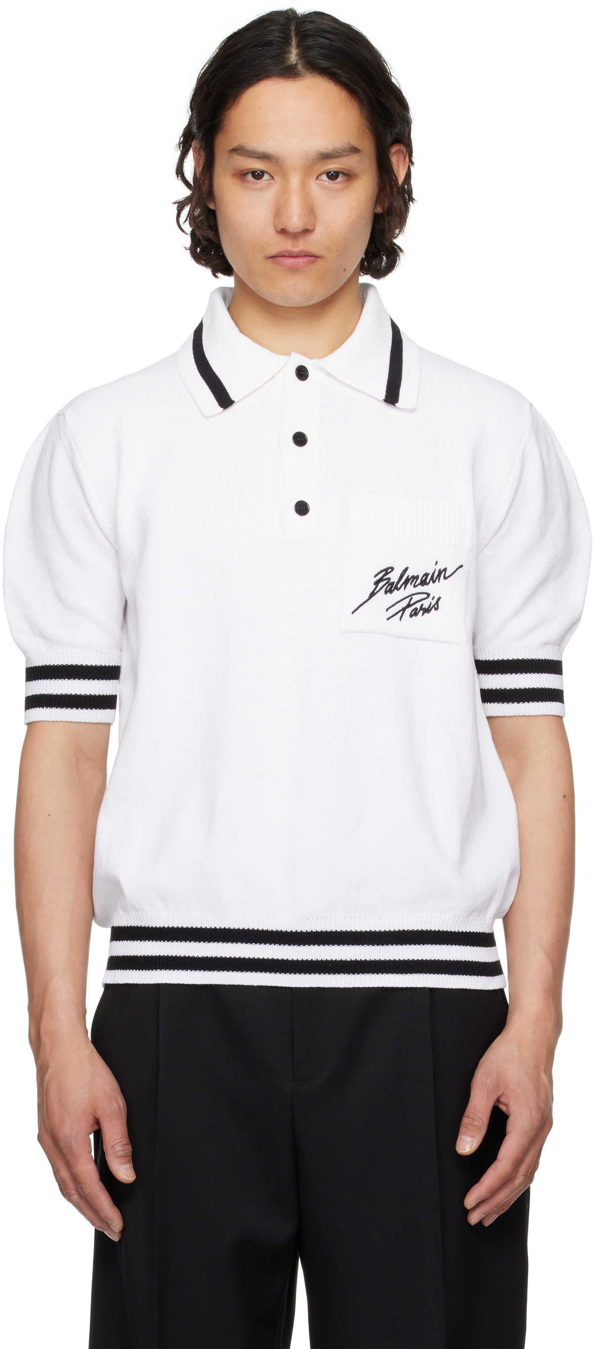 Balmain White Logo Cotton Knit Polo Balmain