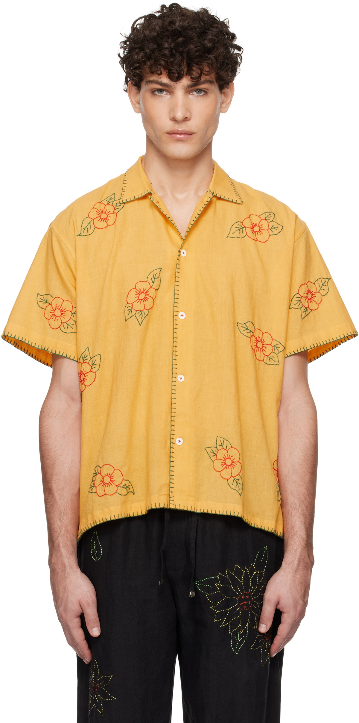 HARAGO Yellow Floral Embroidered Short Sleeve Shirt HARAGO