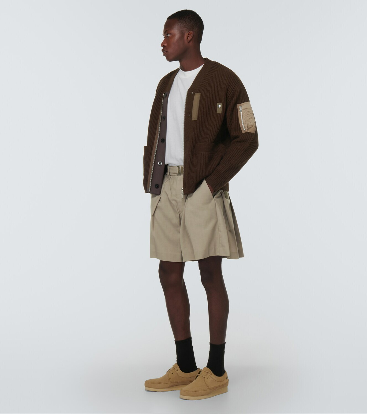 Sacai Ribbed-knit wool and twill cardigan Sacai