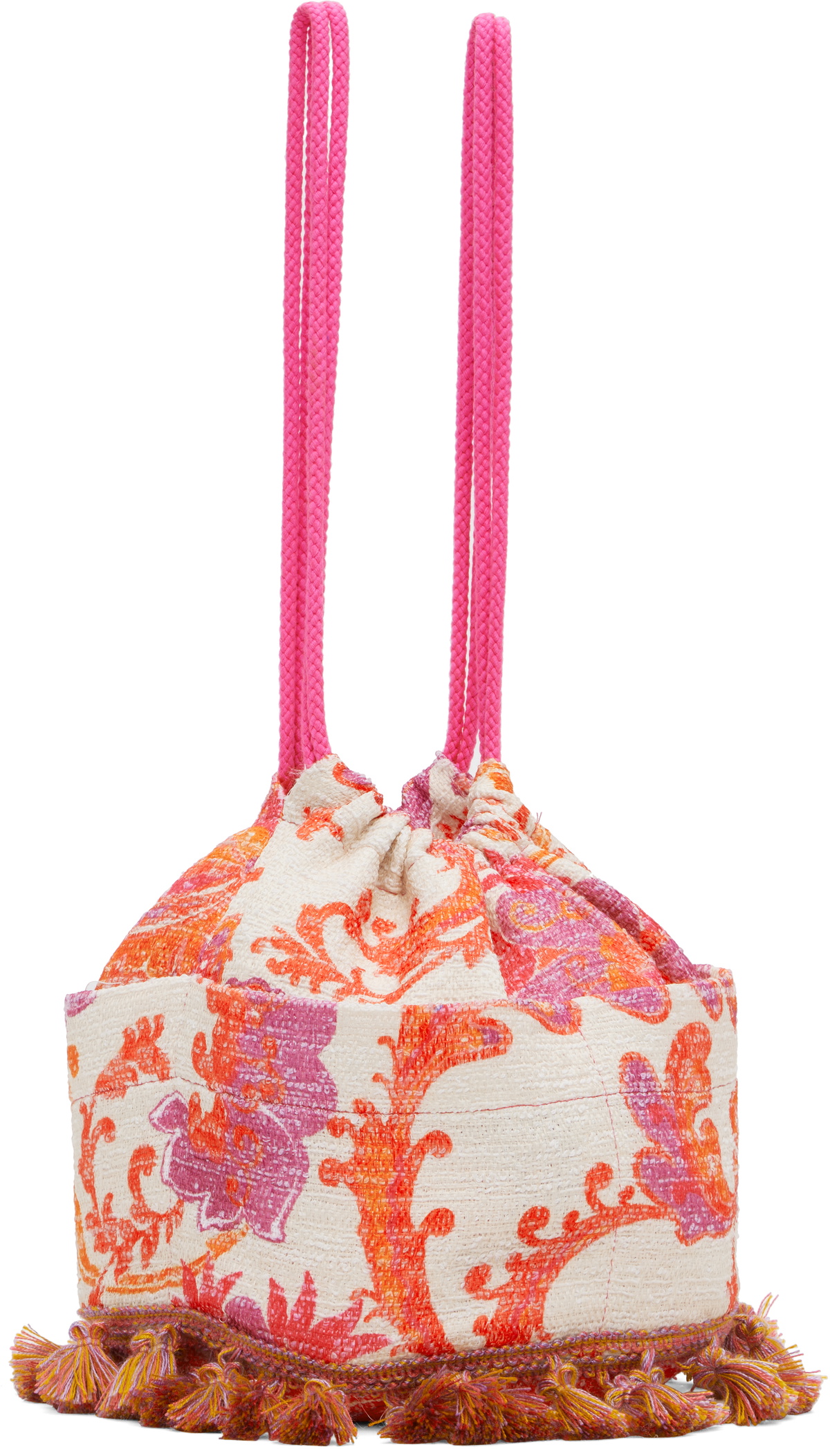 Anna Sui Pink & Off-White Arabesque Linen Tassel Crossbody Bag Anna Sui