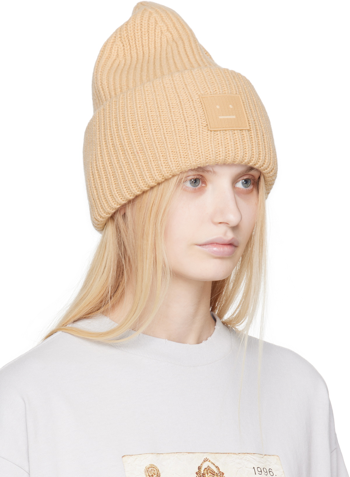 Acne Studios Beige Large Face Logo Beanie Acne Studios