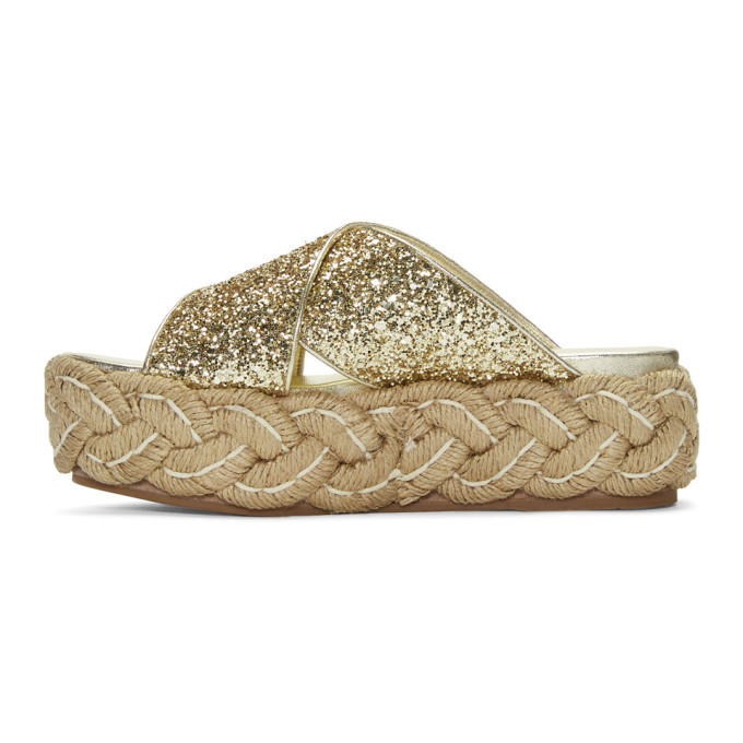 Miu Miu Gold Glitter Criss Cross Raffla Platform Sandals Miu Miu