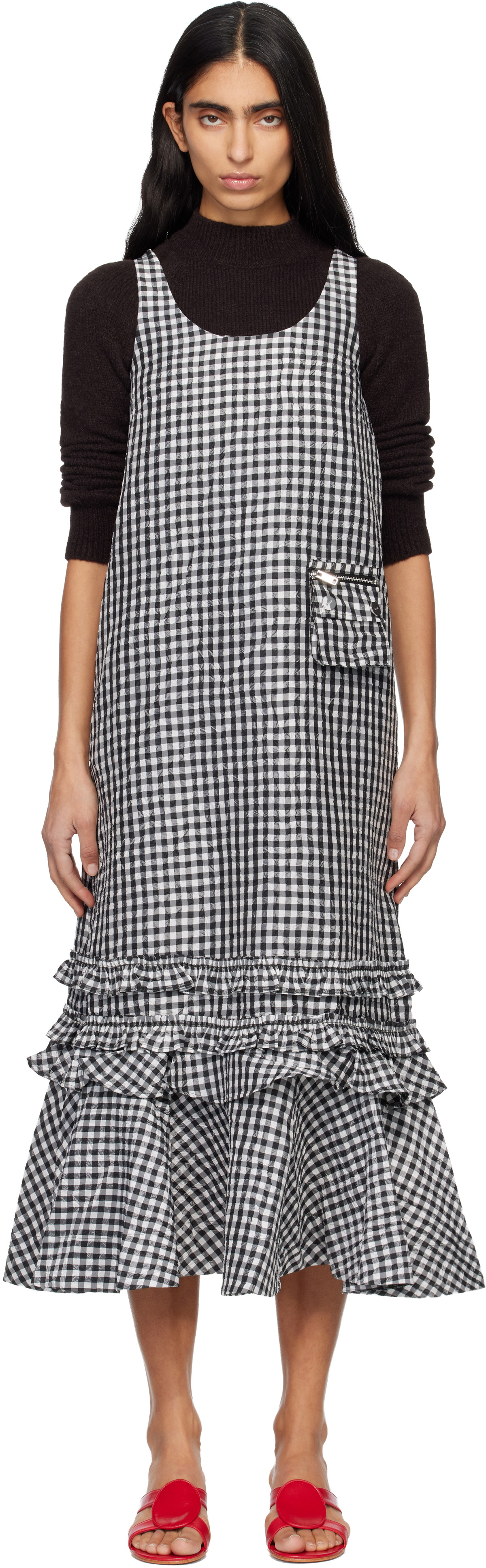 GANNI Black & White Crinkled Check Midi Dress GANNI