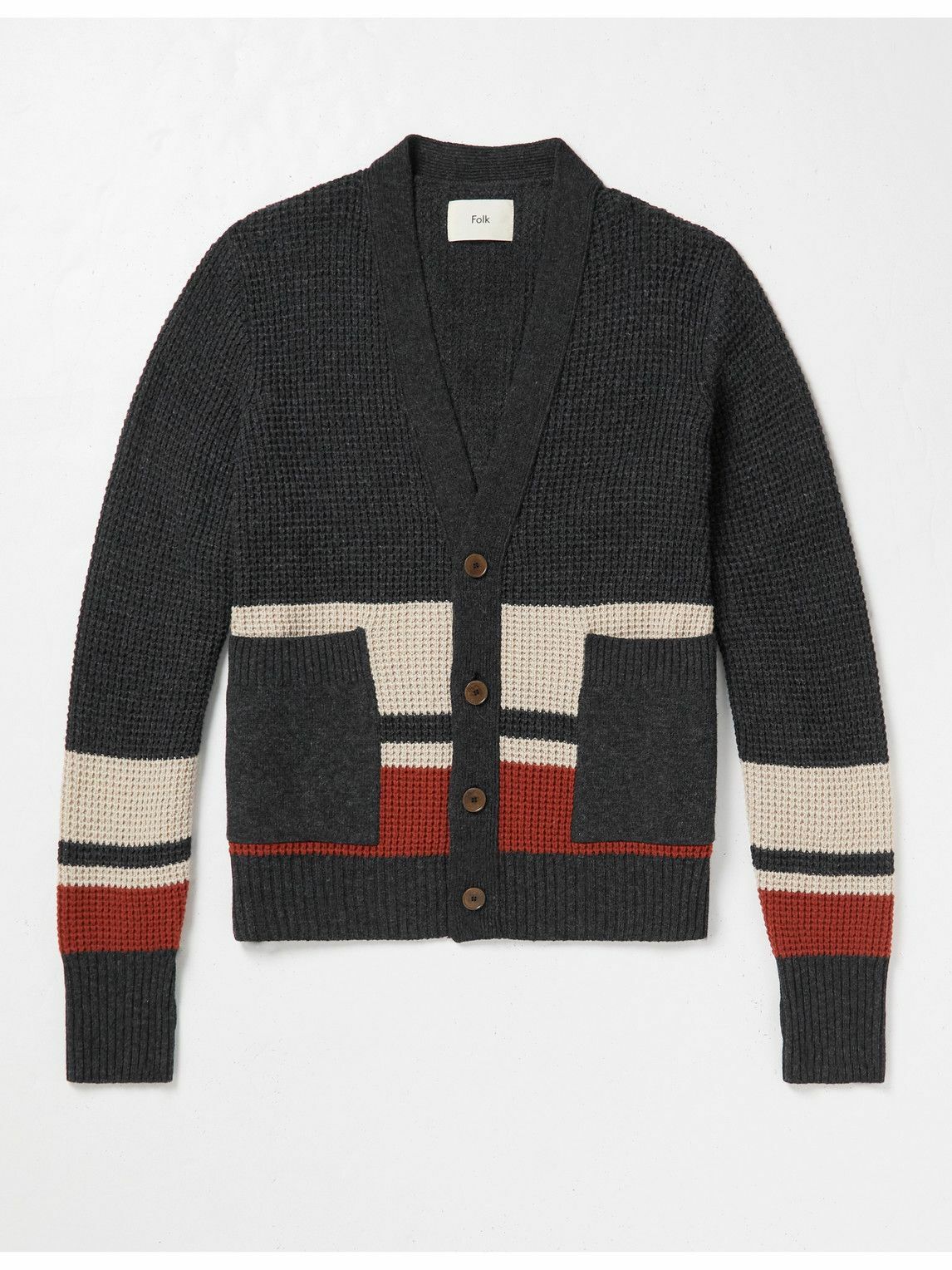 Folk - Colour-Block Waffle-Knit Cardigan - Black Folk