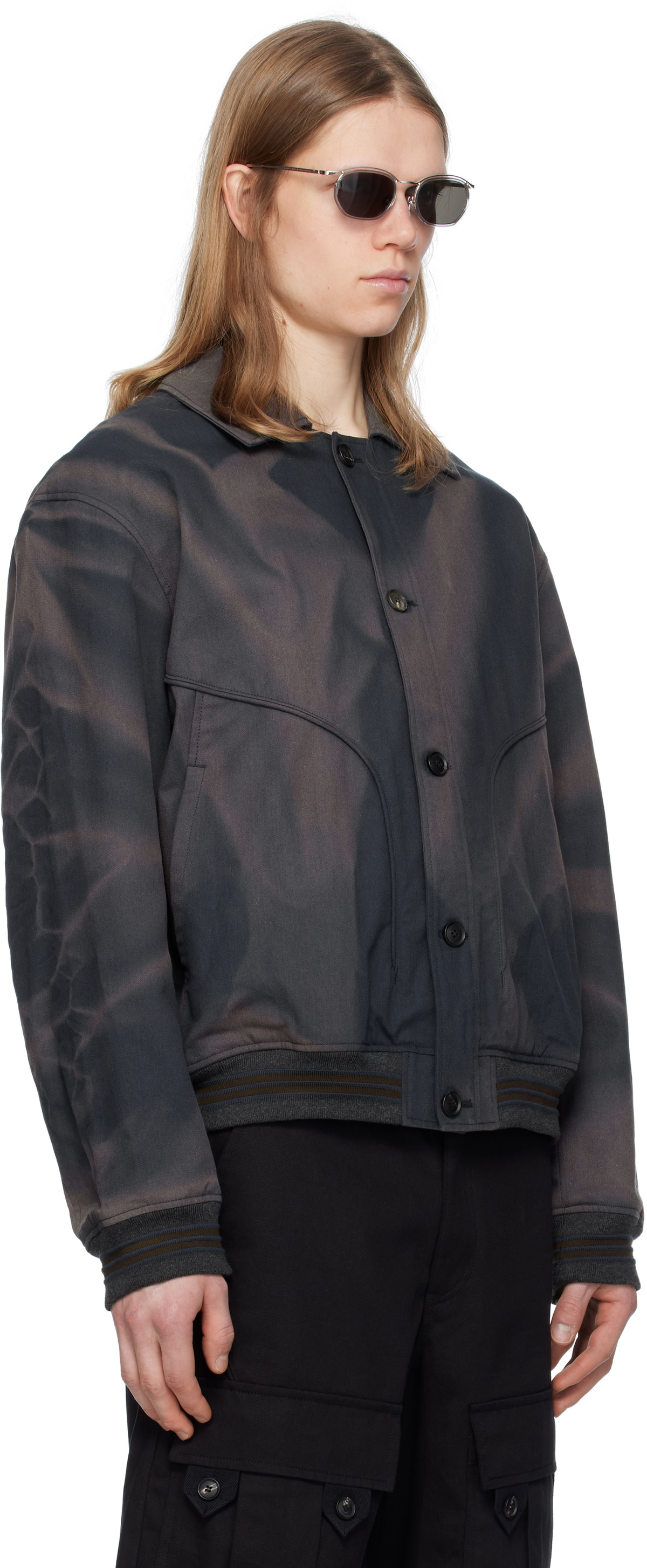 JiyongKim Navy Sun-Bleached Ribbed Blouson Denim Jacket