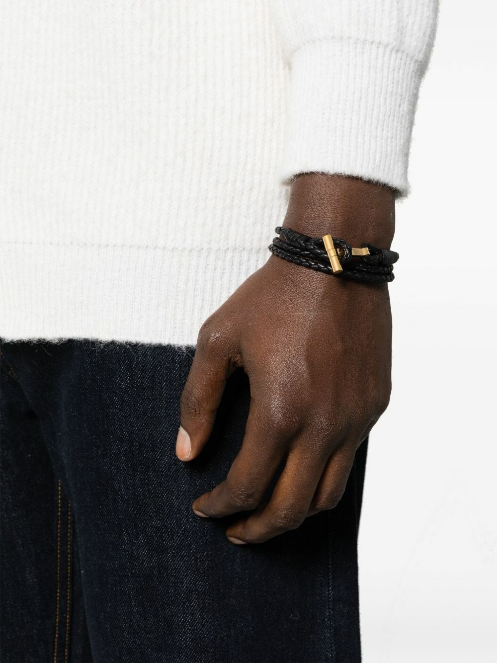 TOM FORD Black T-Plaque Braided Leather Bracelet TOM FORD