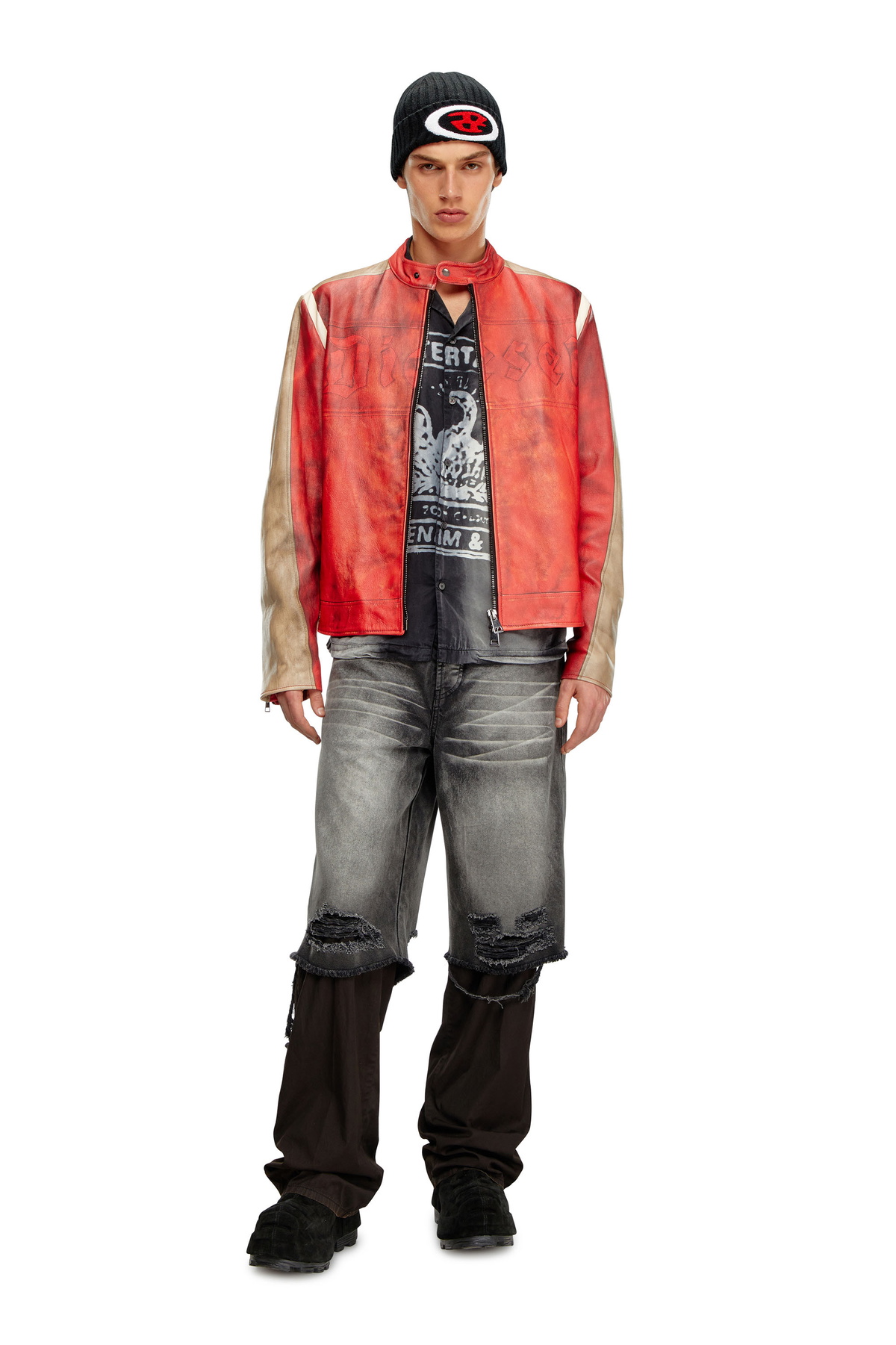 Diesel Dirty-effect leather biker jacket - Leather jackets Mens in Red ...