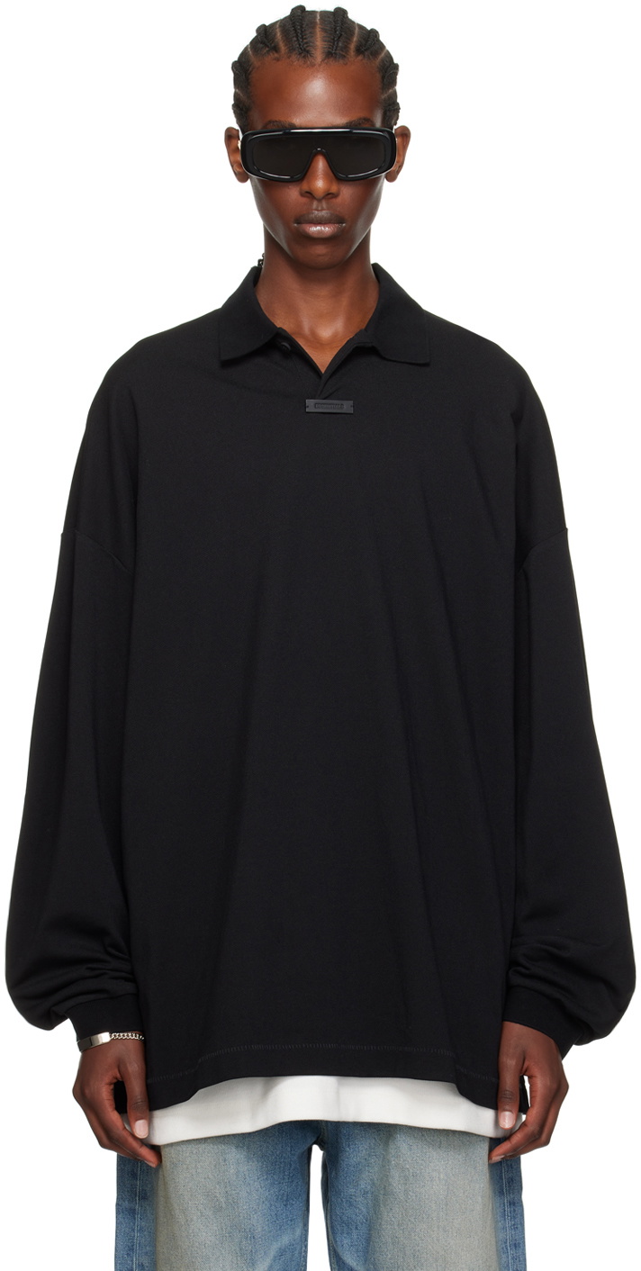 Fear of God ESSENTIALS Black Logo Patch Long Sleeve Polo Fear Of God ...