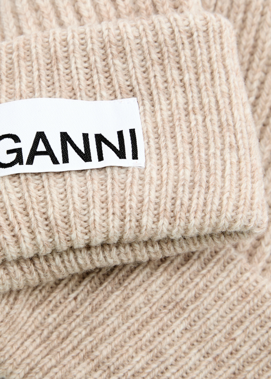 Ganni Logo Ribbed Wool-blend Beanie - Sand - One Size GANNI